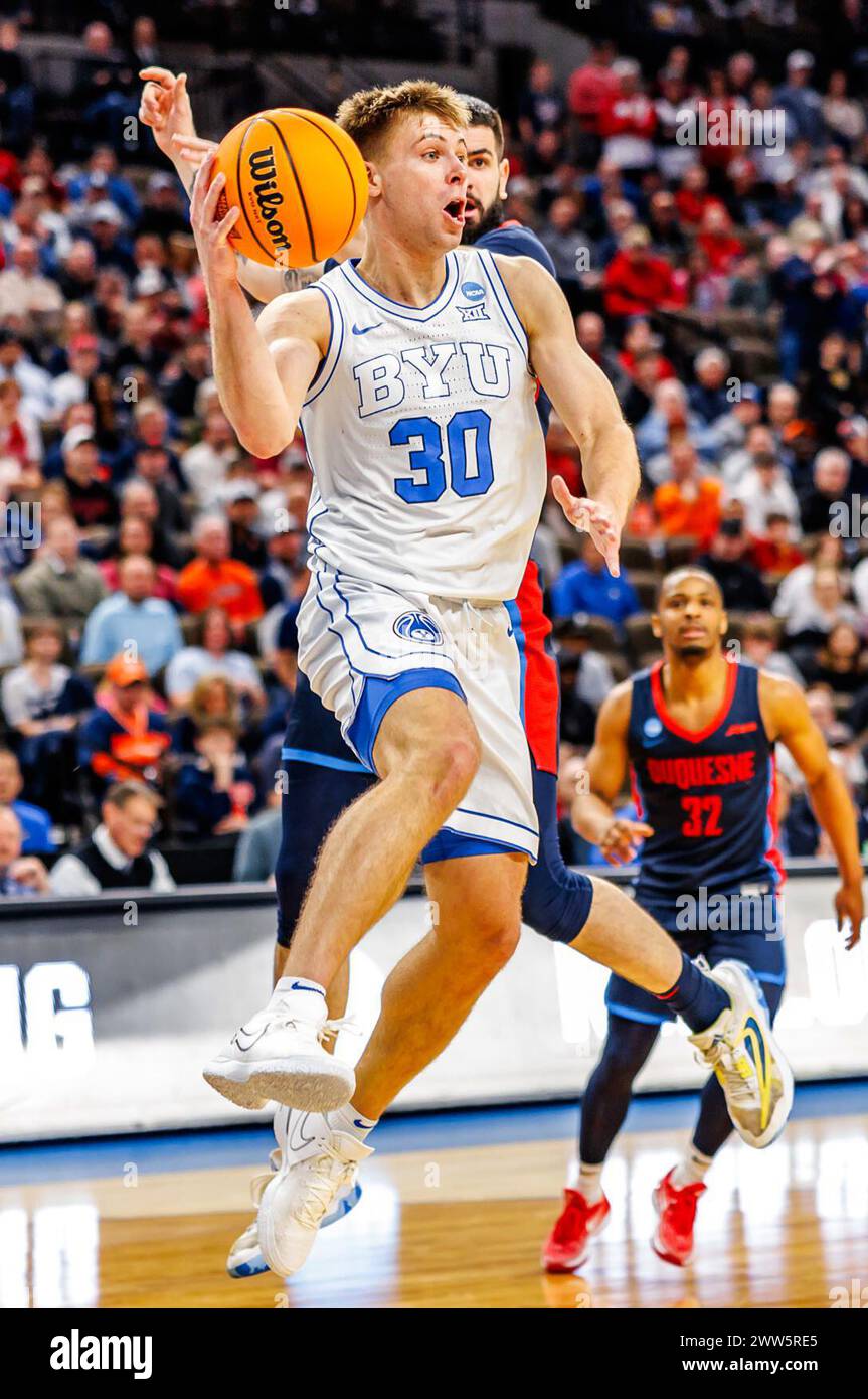 Omaha, NE. U.S. 21st Mar, 2024. Brigham Young Cougars guard Dallin Hall ...