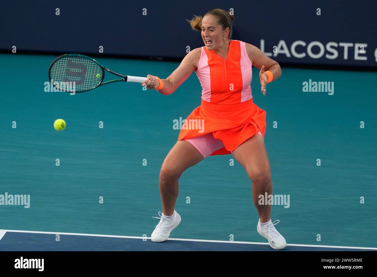 Jelena Ostapenko, of Latvia, hits a return to Laura Siegemund, of ...