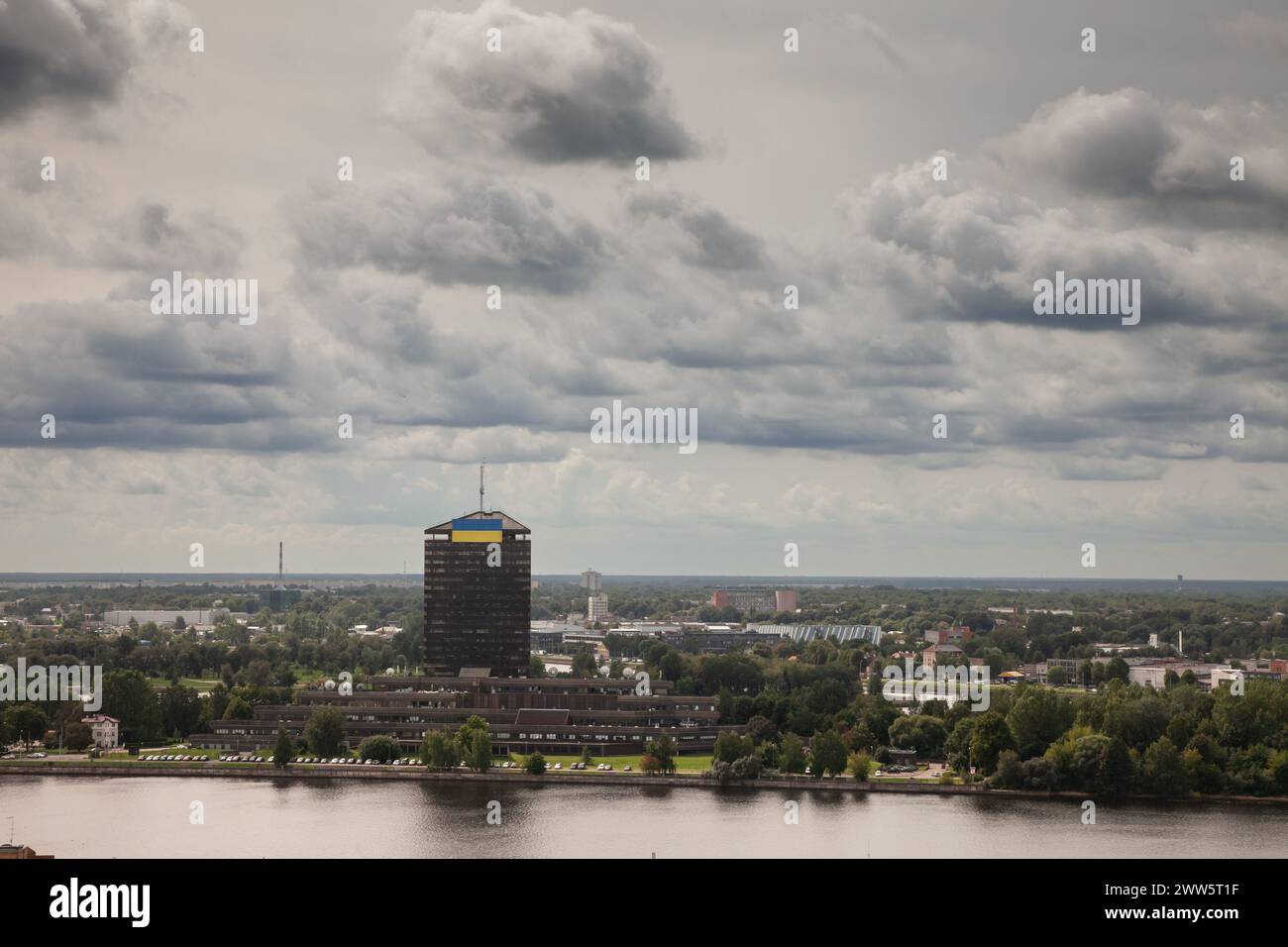 Picture of the flag of ukraine on a skyscraper tower in Riga ...