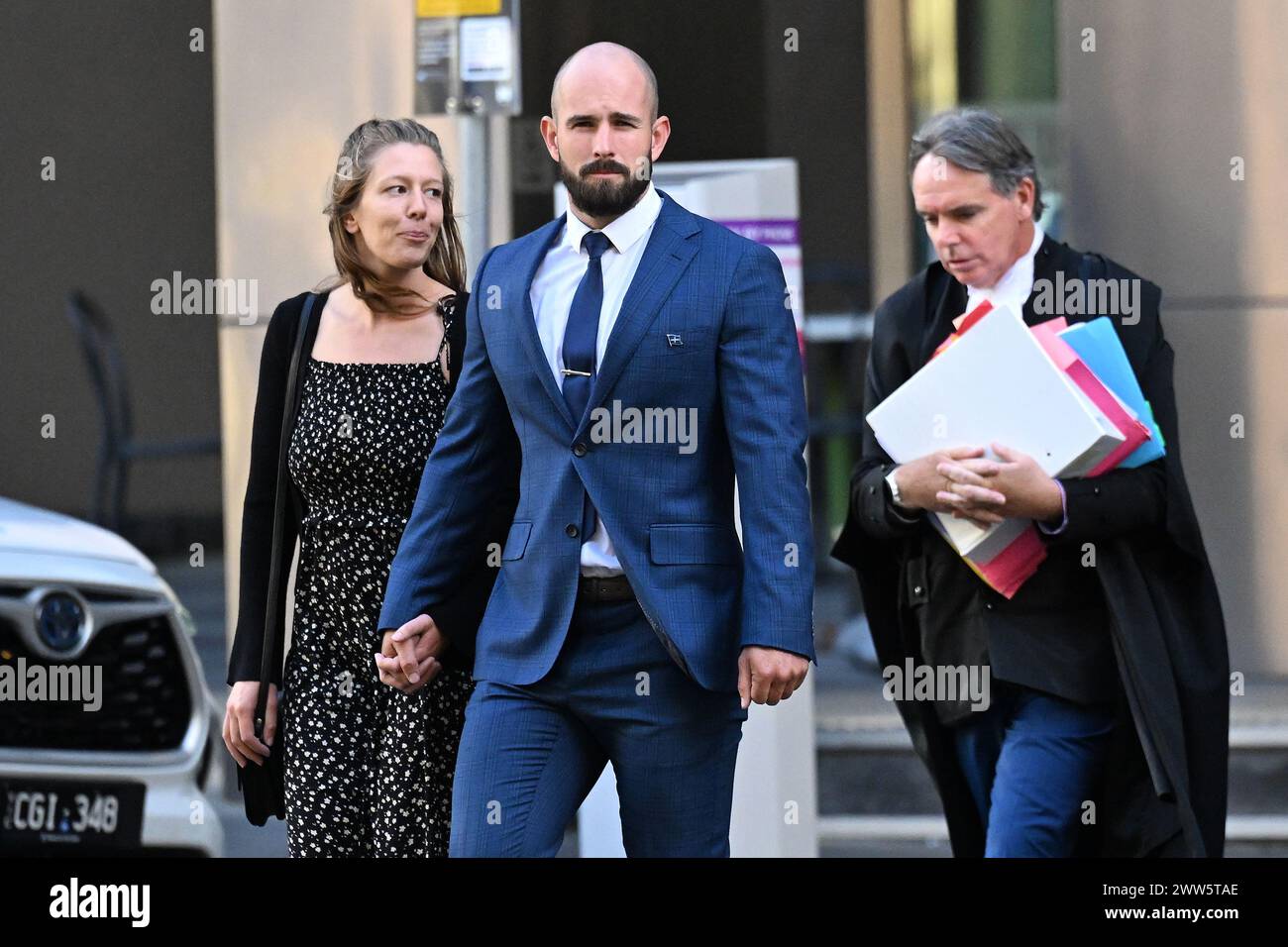 Melbourne, Australia. 22nd Mar, 2024. Thomas Sewell (centre) arrives to ...