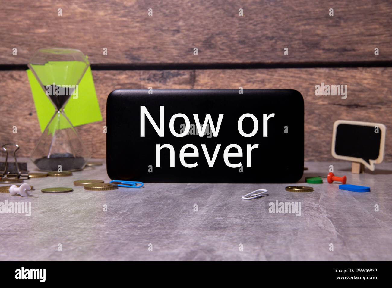 now or never - motivation phrase - isolated text in vintage letterpress ...