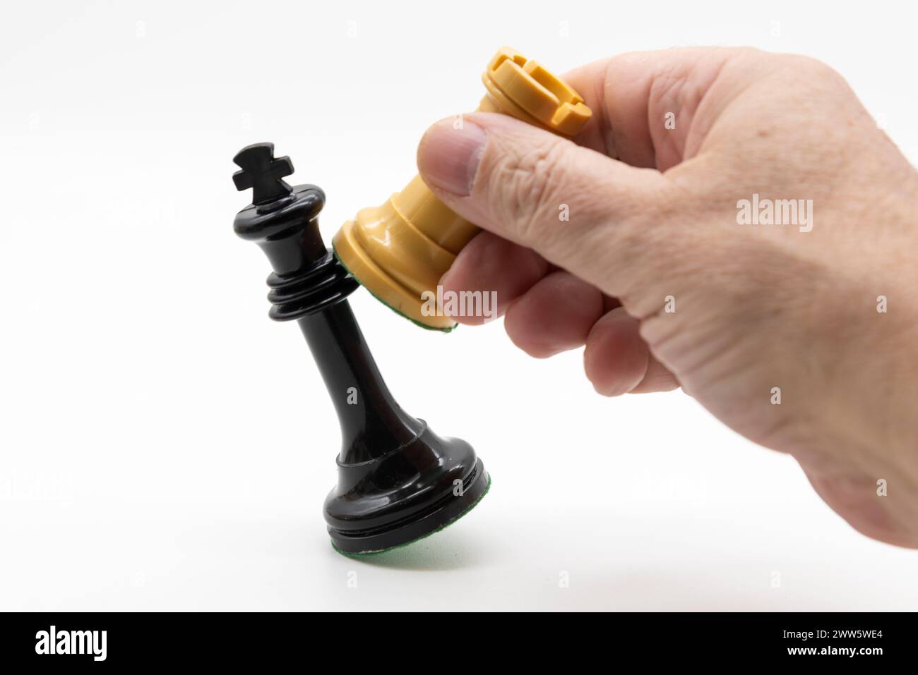 Mano cogiendo la pieza de ajedrez reina blanca, da jaque mate a rey negro Stock Photo - Alamy
