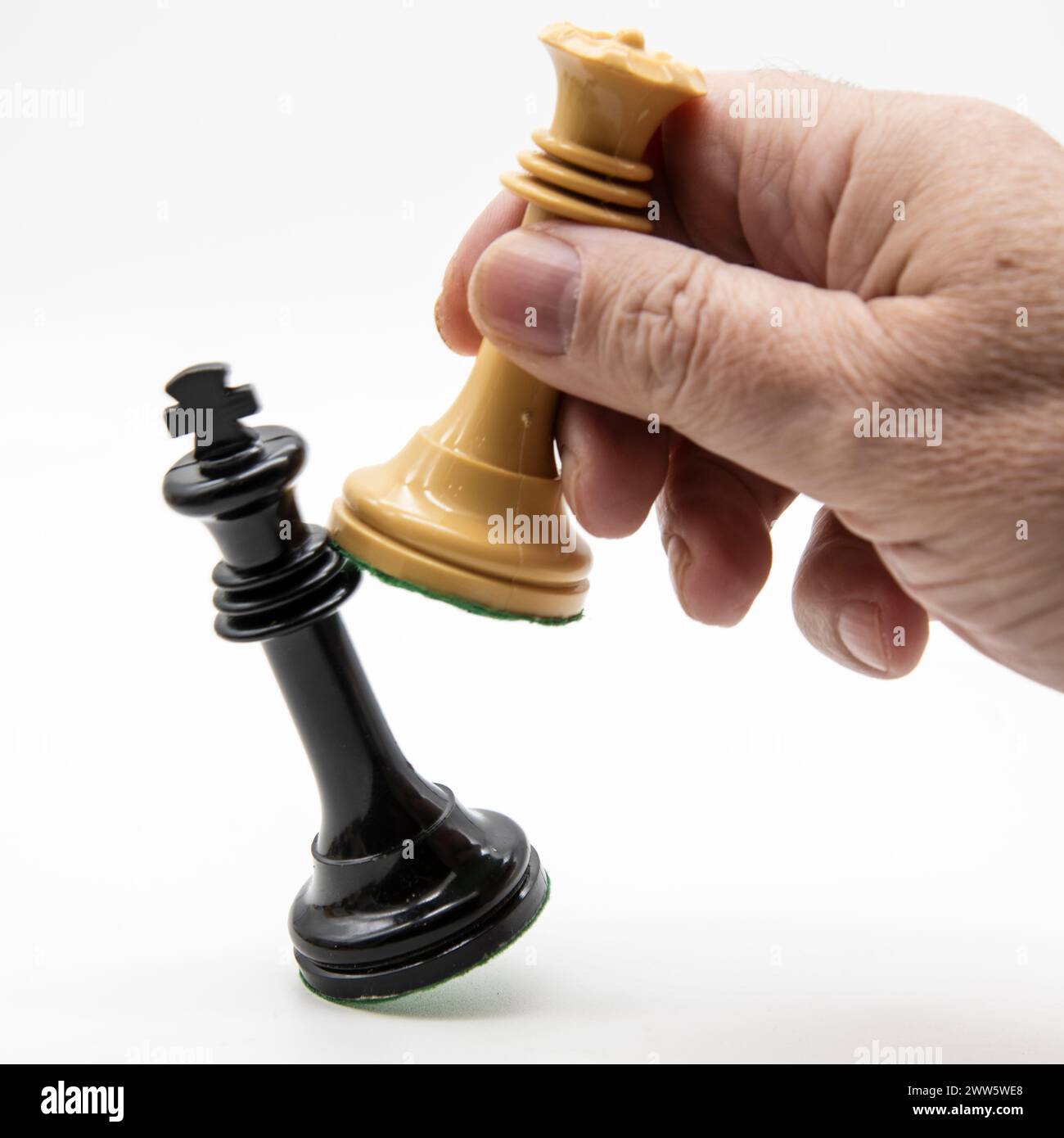 Mano cogiendo la pieza de ajedrez reina blanca, da jaque mate a rey negro Stock Photo - Alamy