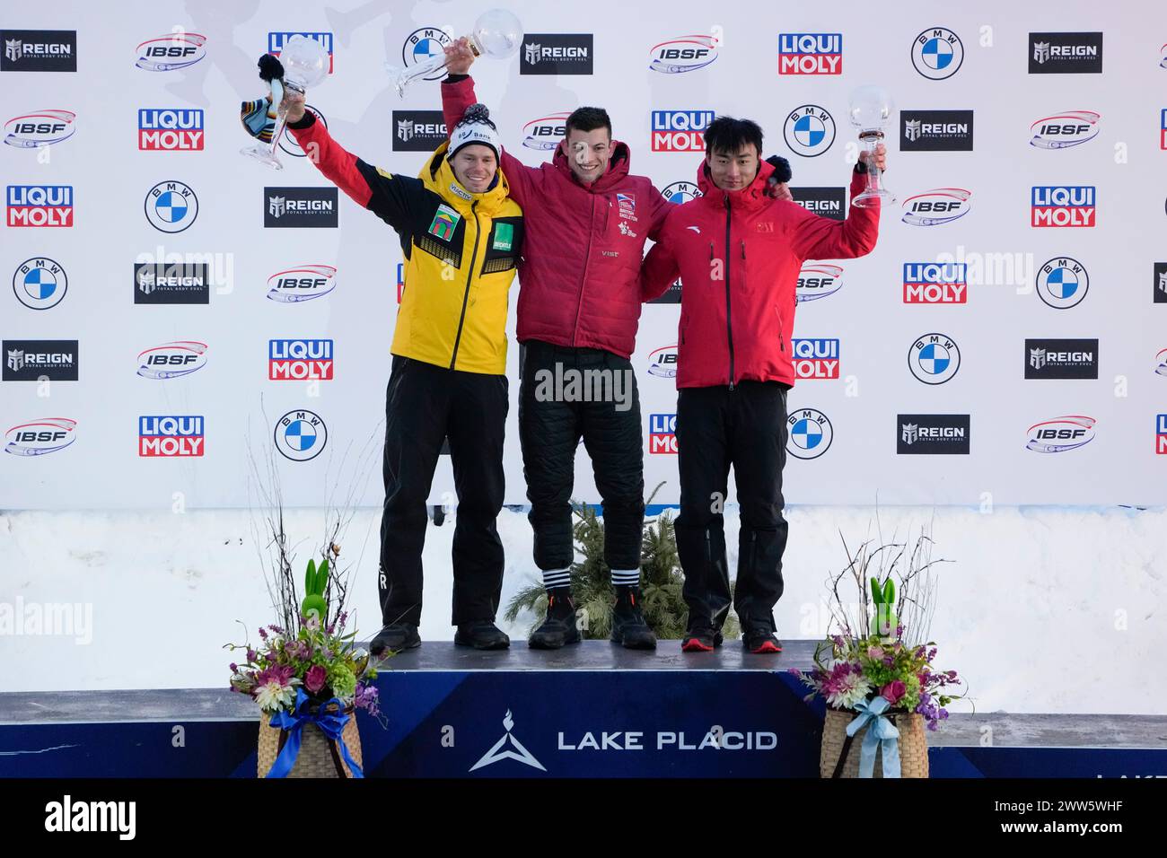 The top finishers in the World Cup skeleton season standings pose for ...