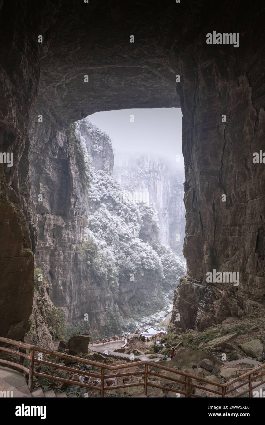 Panorama of the gorge valley and karst limestone rock formations in ...