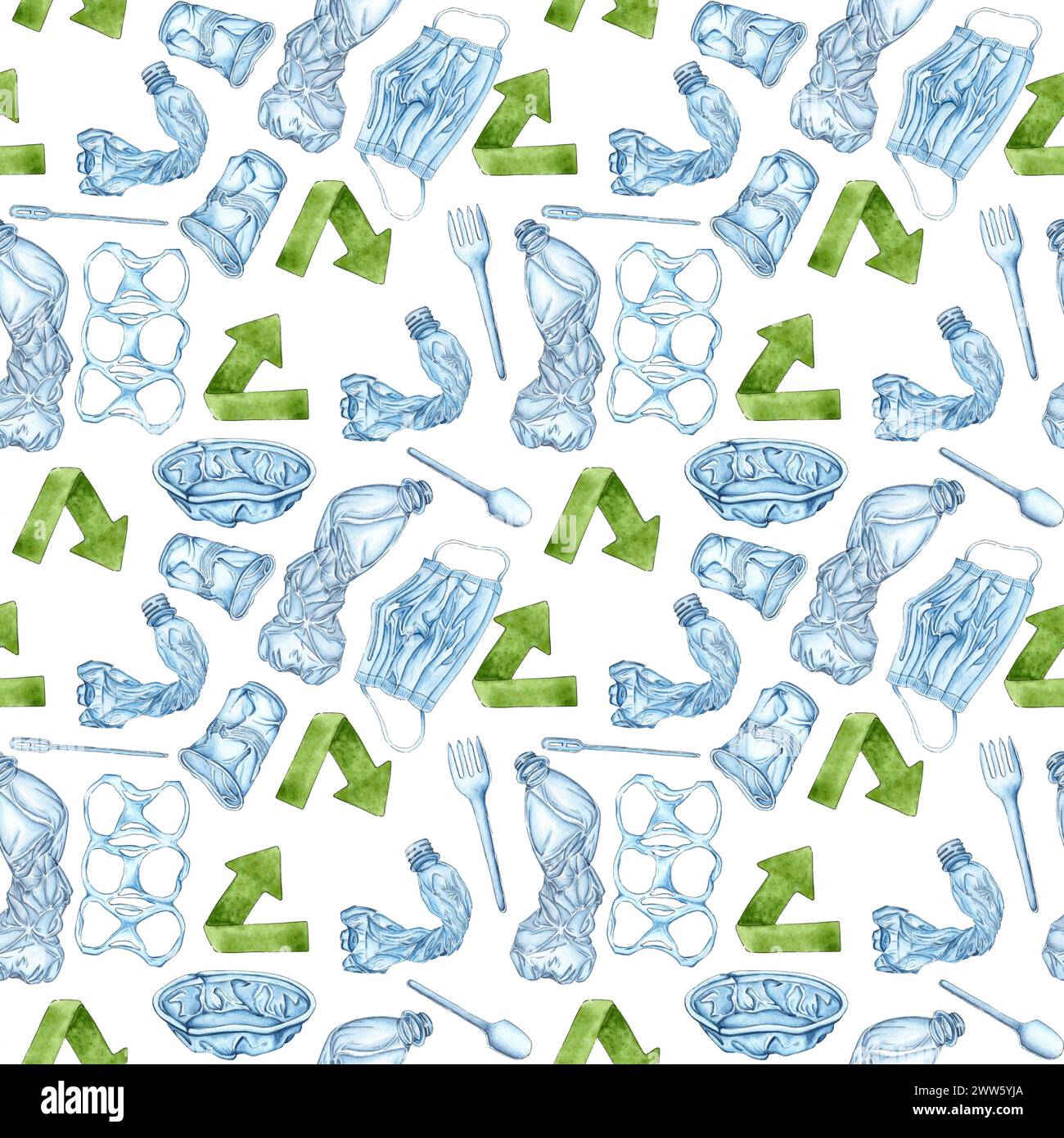 Watercolor illustration pattern sign of garbage recycling and plastic ...