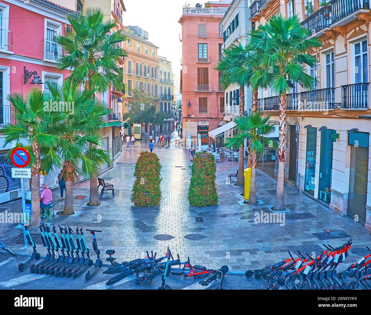 The empty morning Calle Puerta Nueva street in old town of Malaga ...