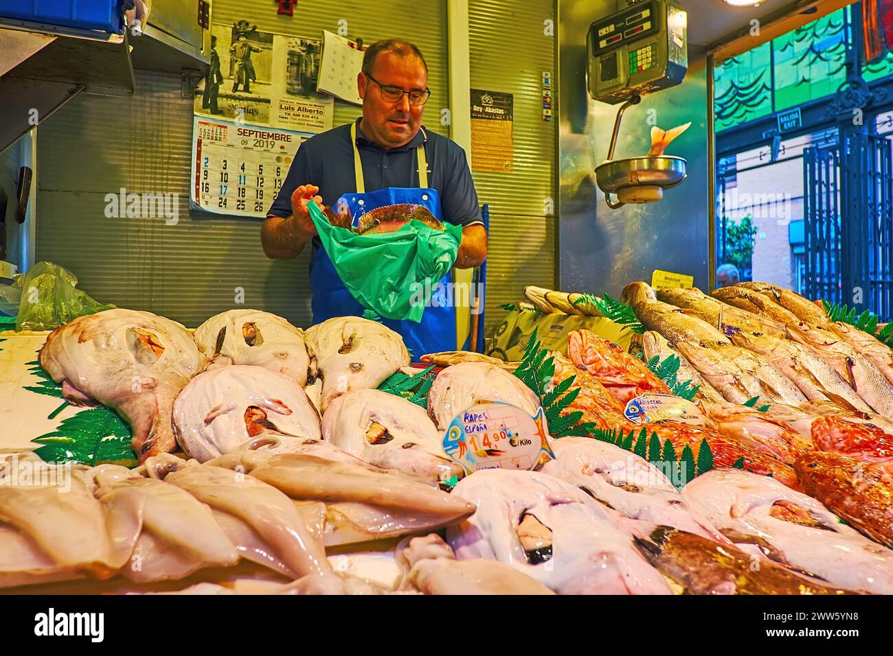 The counter of the fish stall with monkfishes and redfishes, Atarazanas ...