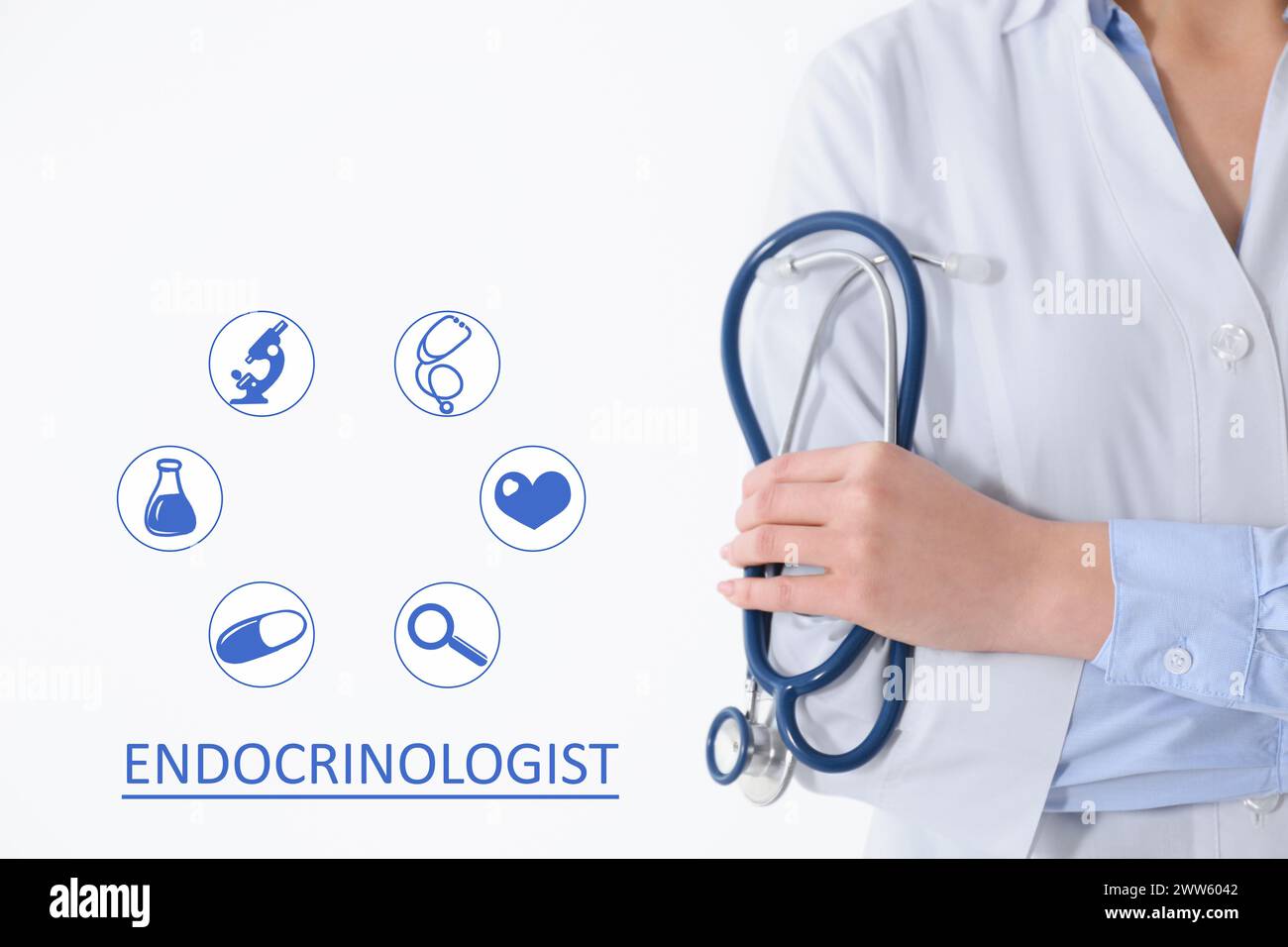 Endocrinologist with stethoscope and different icons on white ...