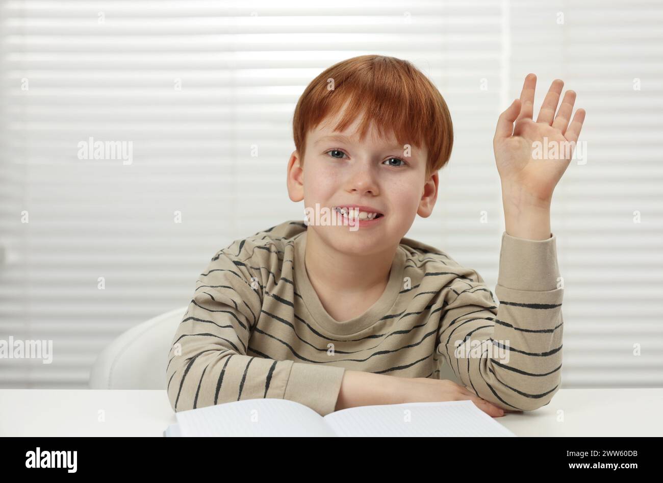 Cute little boy waving hello during online lesson indoors, view from ...