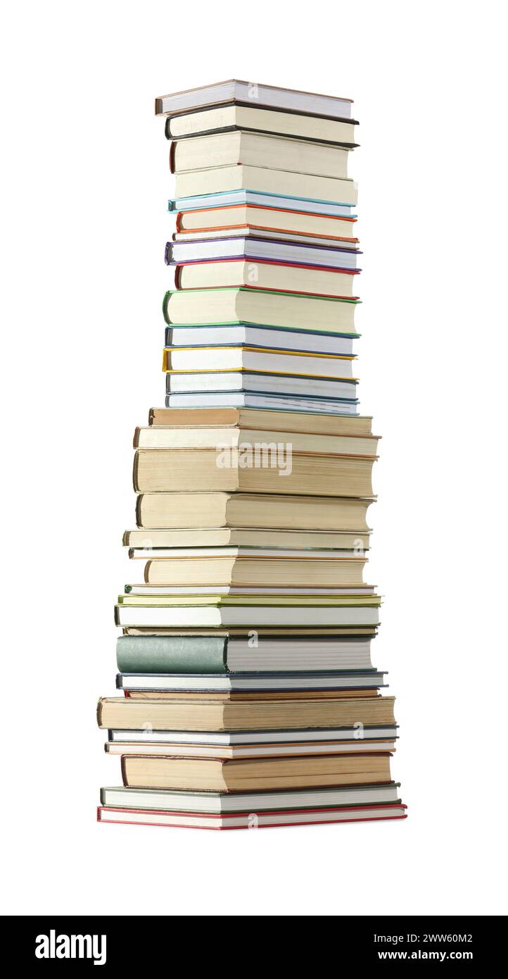 High stack of many different books isolated on white Stock Photo - Alamy