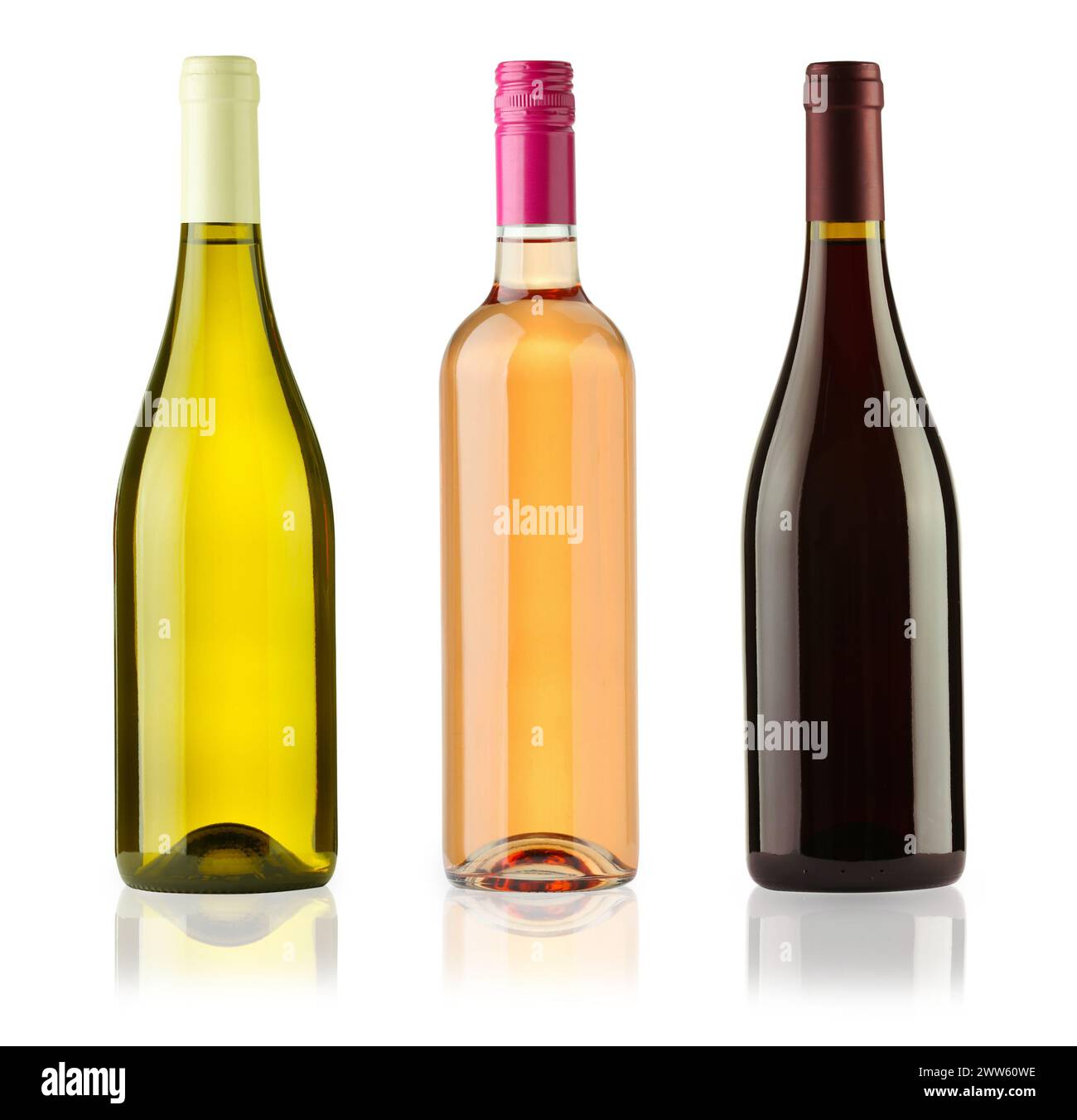 Bottles of white, rose and red wines isolated on white, set Stock Photo ...