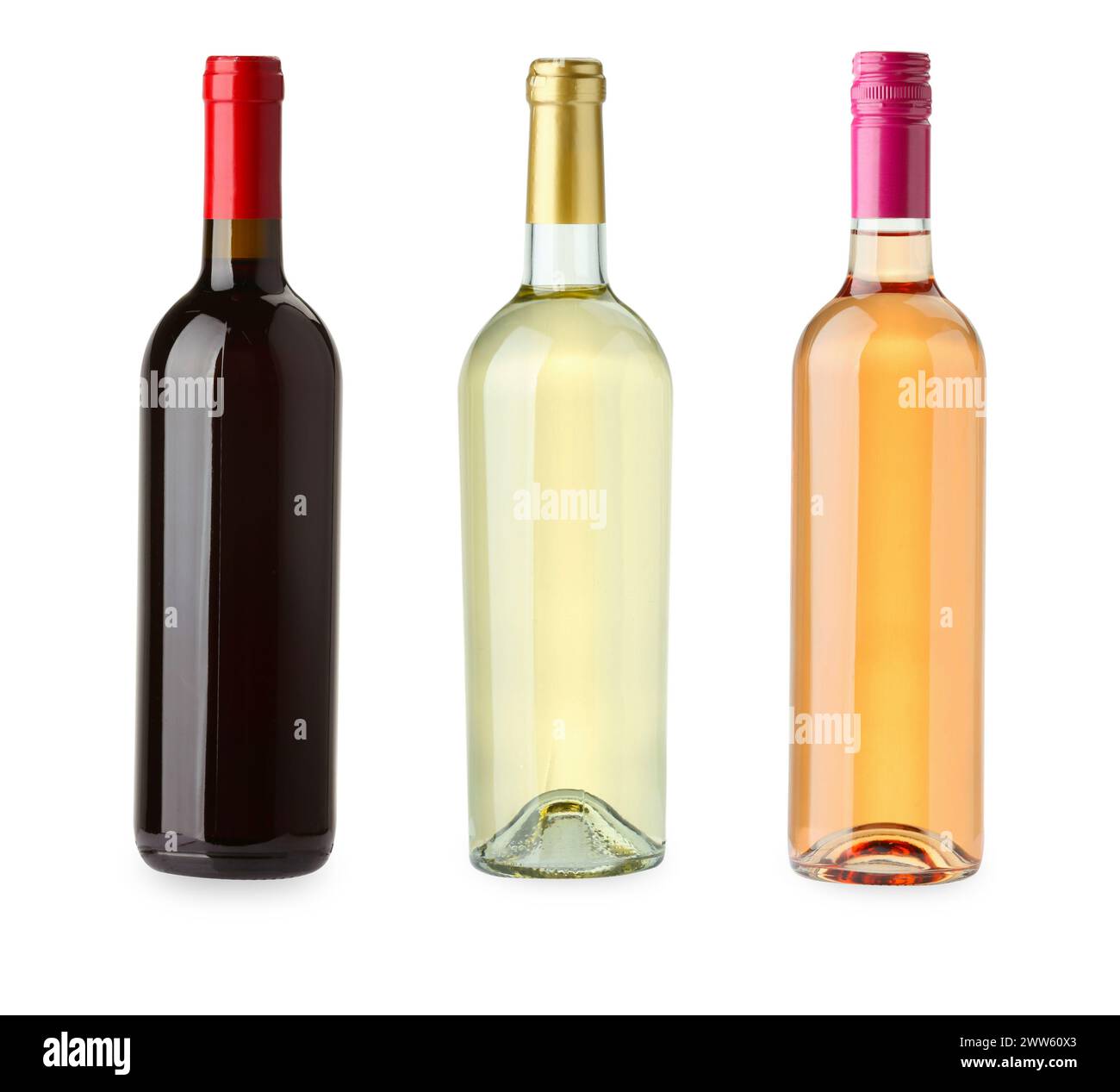 Bottles of white, rose and red wines isolated on white, set Stock Photo ...