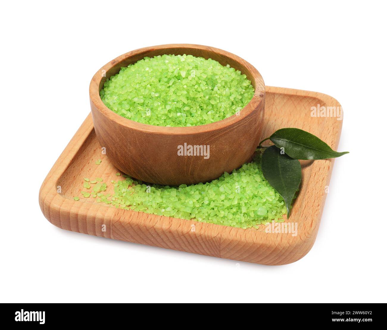 Green sea salt in bowl and leaves isolated on white Stock Photo - Alamy