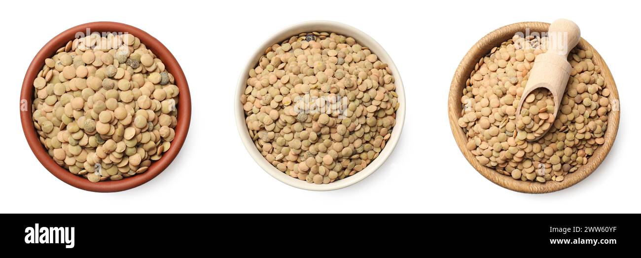 Raw lentils in bowls on white background, top view Stock Photo - Alamy