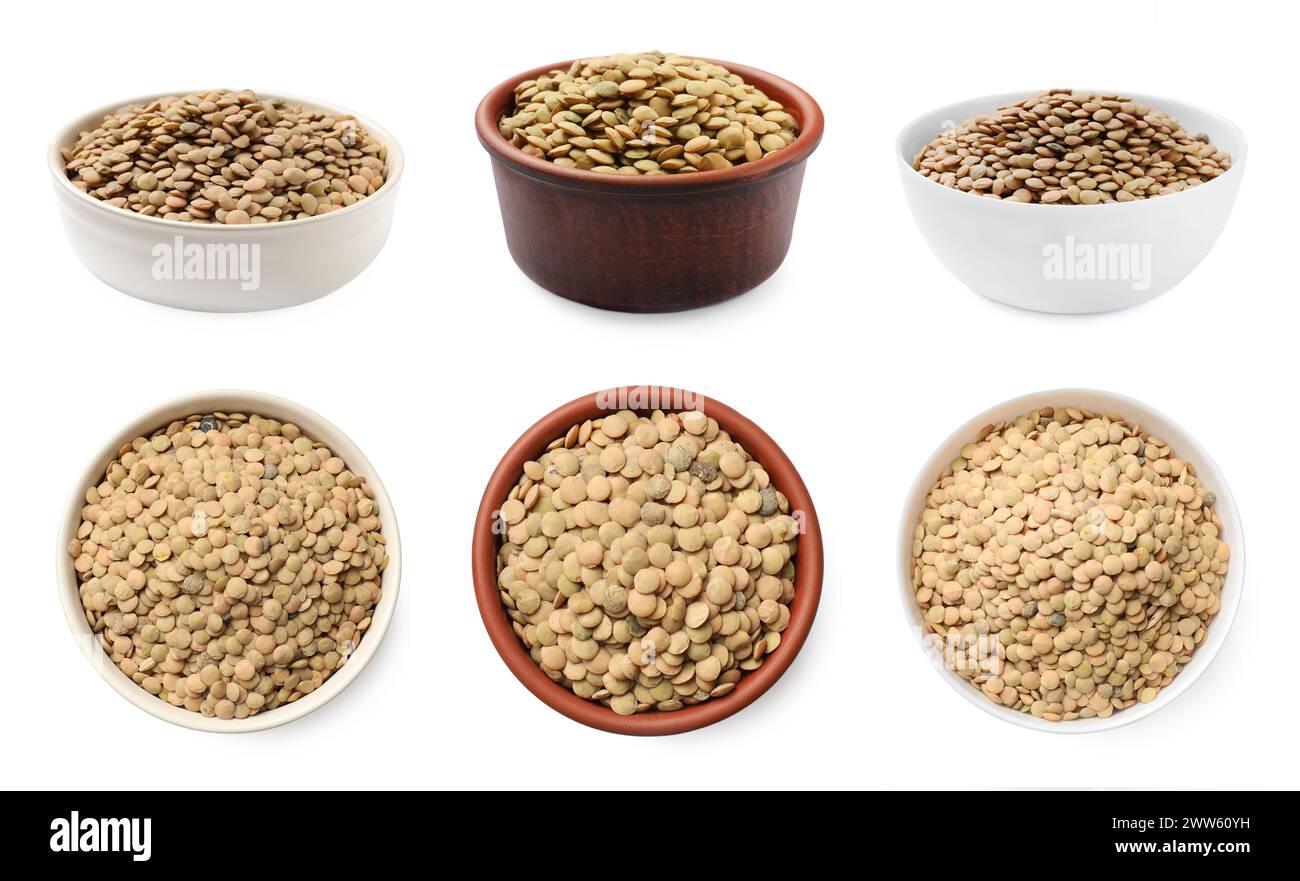 Raw lentils in bowls on white background, top and side views Stock ...