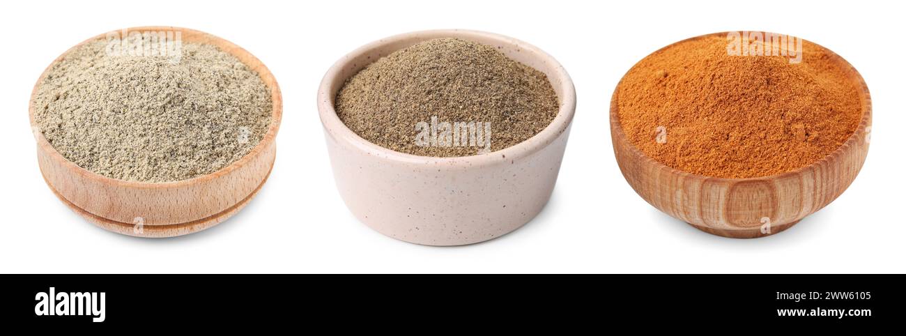 Aromatic spices. Different types of ground pepper in bowls on white ...