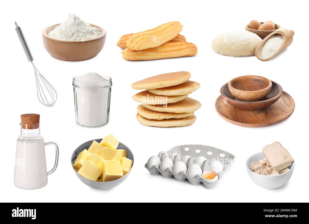 Whisk and different food products isolated on white, set Stock Photo ...