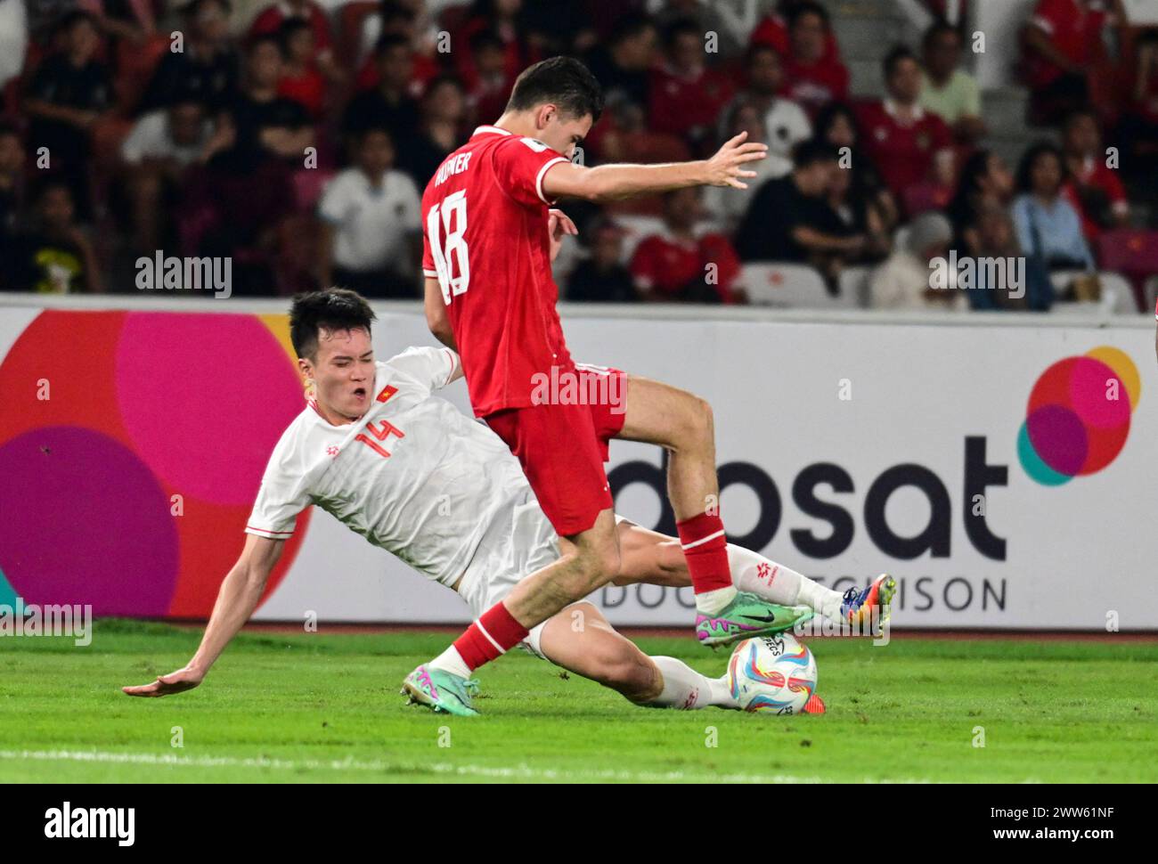 Jakarta, Indonesia. 21st Mar, 2024. Justin Hubner (top) of Indonesia ...