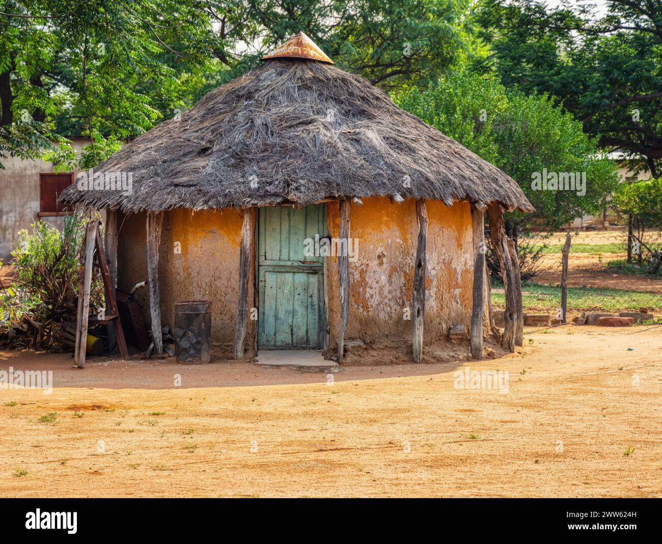 traditional rondavel in an african village in Botswana, view from the ...
