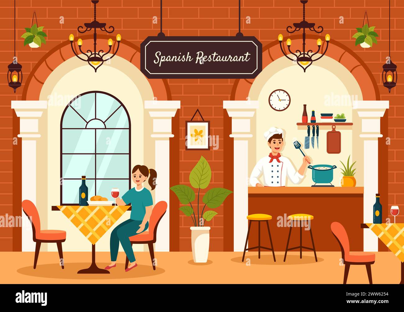 Spanish Restaurant Vector Illustration with Various of Food Menu ...