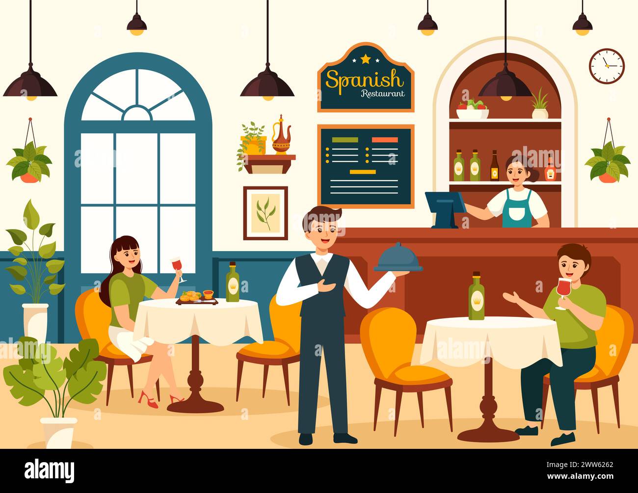 Spanish Restaurant Vector Illustration with Various of Food Menu ...