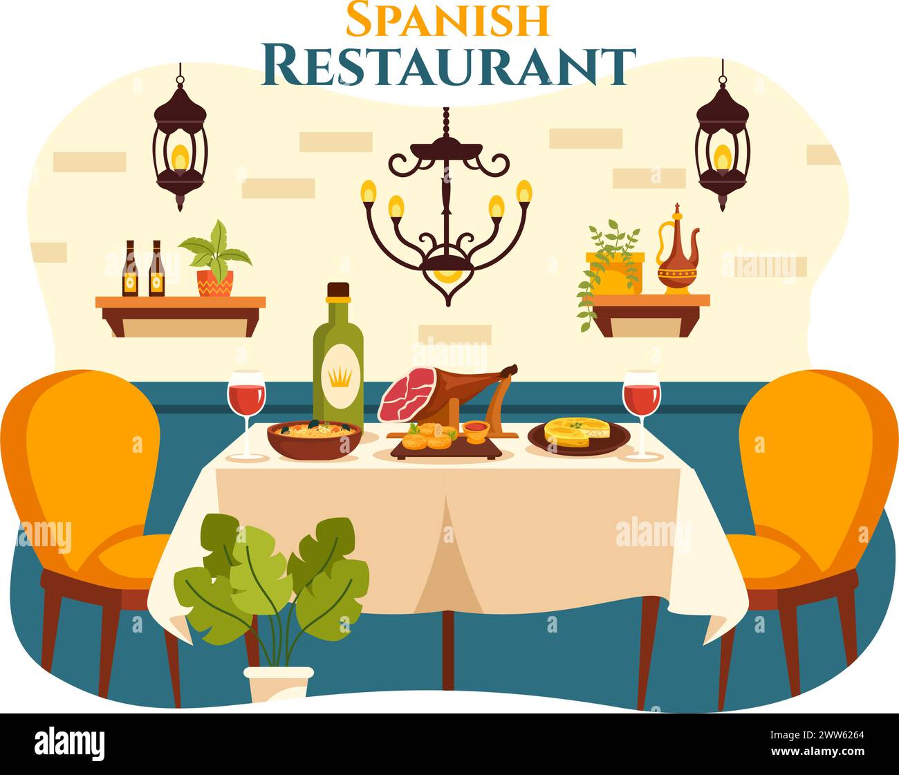 Spanish Restaurant Vector Illustration with Various of Food Menu ...