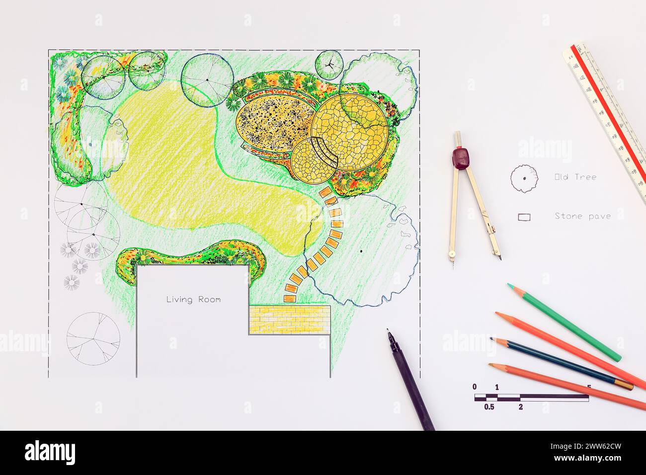 Landscape architect design stone patio in backyard garden plan Stock ...