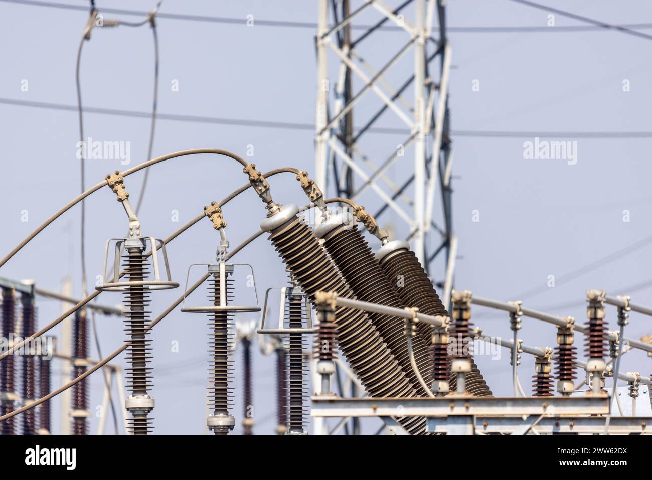 High voltage ceramic insulators on a transformer in Power Substation ...