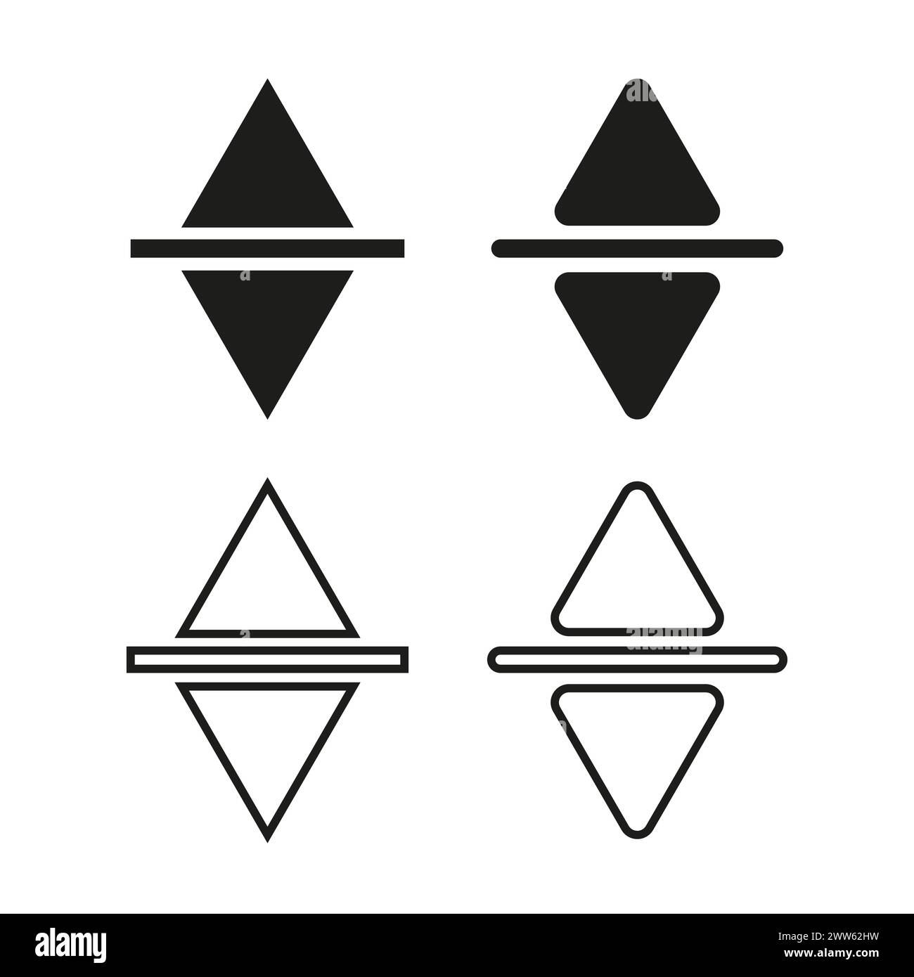 Vector illustration of four triangle icons, two filled and two outlined ...