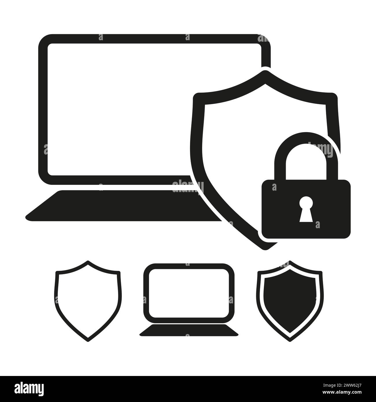 Laptop with shield and padlock icons symbolizing cybersecurity. Vector illustration. EPS 10 ...