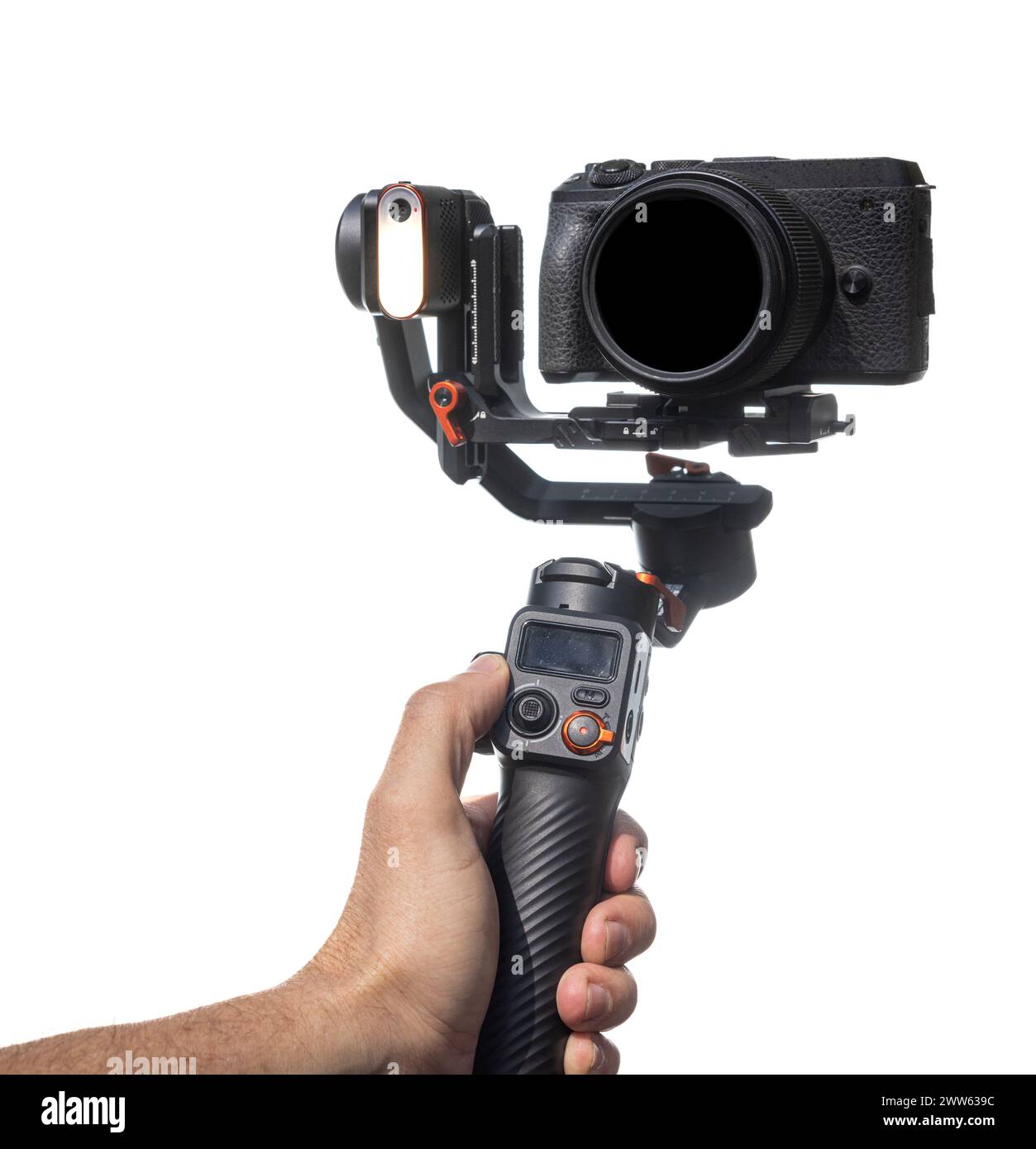 Content creator tools, a camera gimbal with a black lens isolated on a ...
