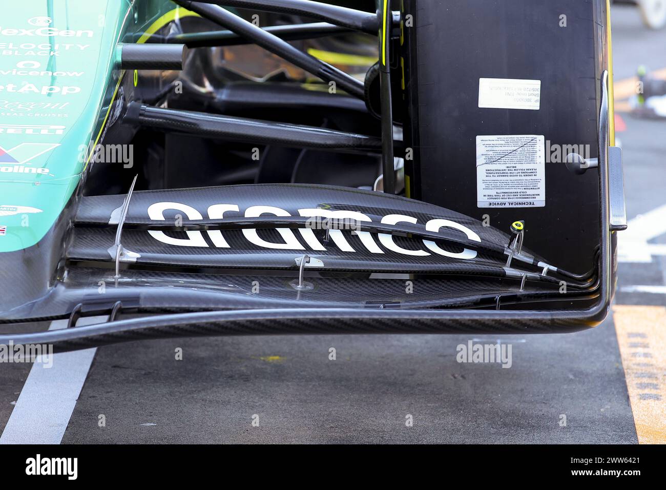 Aston Martin F1 Team AMR23, mechanical detail of the front wing flap ...