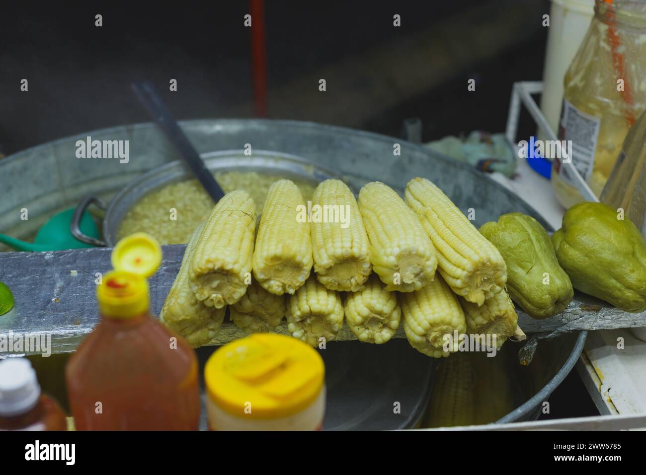 Boiled corn stand, typical Mexican street food. Food stall Stock Photo ...