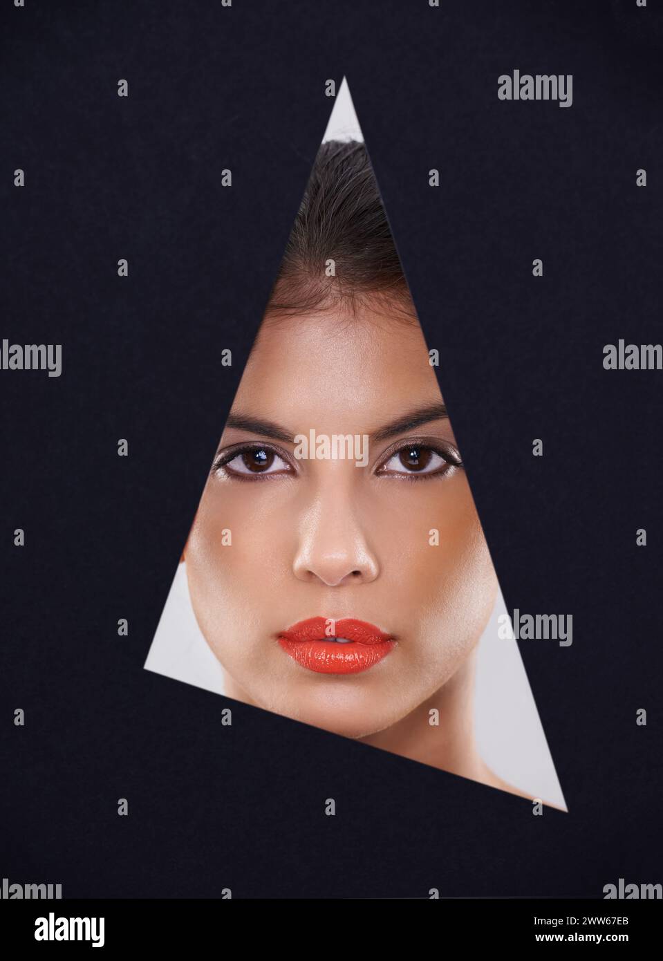 Woman, portrait and makeup in a cutout and studio for cosmetics ...