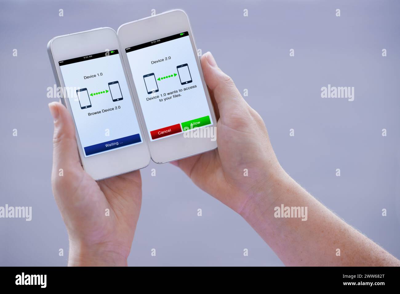 Share, hands and phone with screen for files, transfer or networking on ...