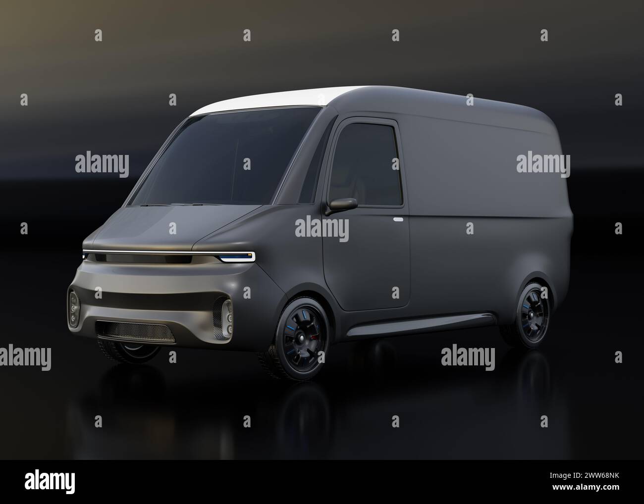 Electric powered delivery van on black background. Generic design. 3D ...