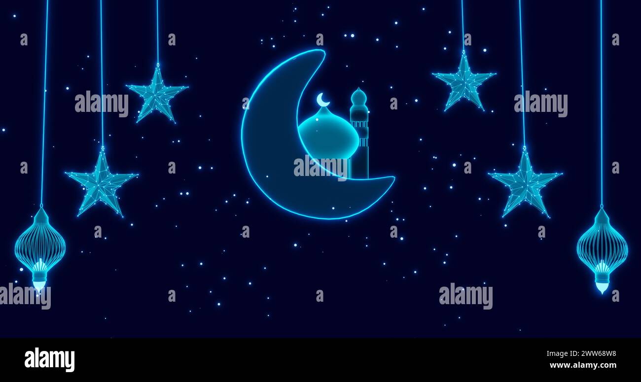 Islamic background with crescent moon, mosque, hanging neon stars and ...