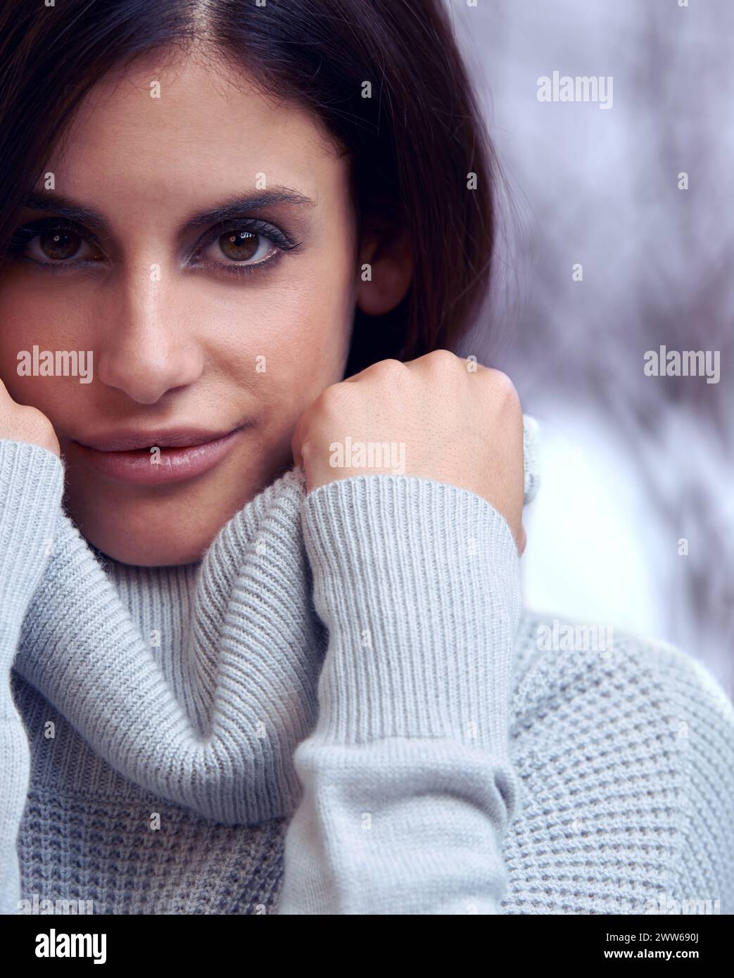 Winter, snow and face of woman for fashion with turtle neck, jersey and ...
