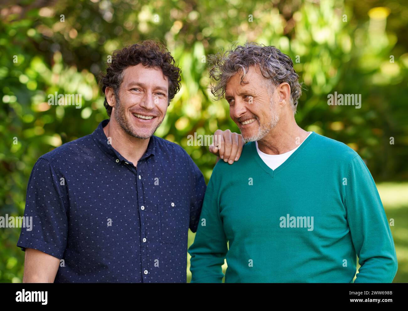 Senior man, dad and son with embrace for bonding, affection and love to ...
