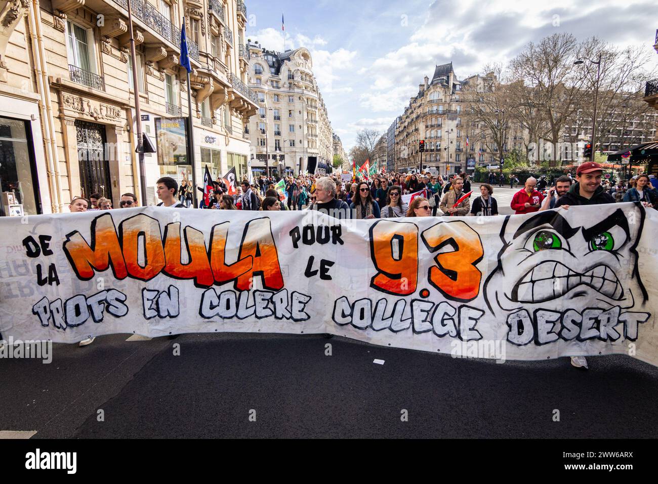 Paris, France. 19th Mar, 2024. Protesters hold a banner that says ...