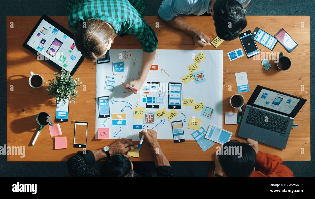 Top view of developer team sharing idea of Ux Ui design by using mind map. Top down view of ...