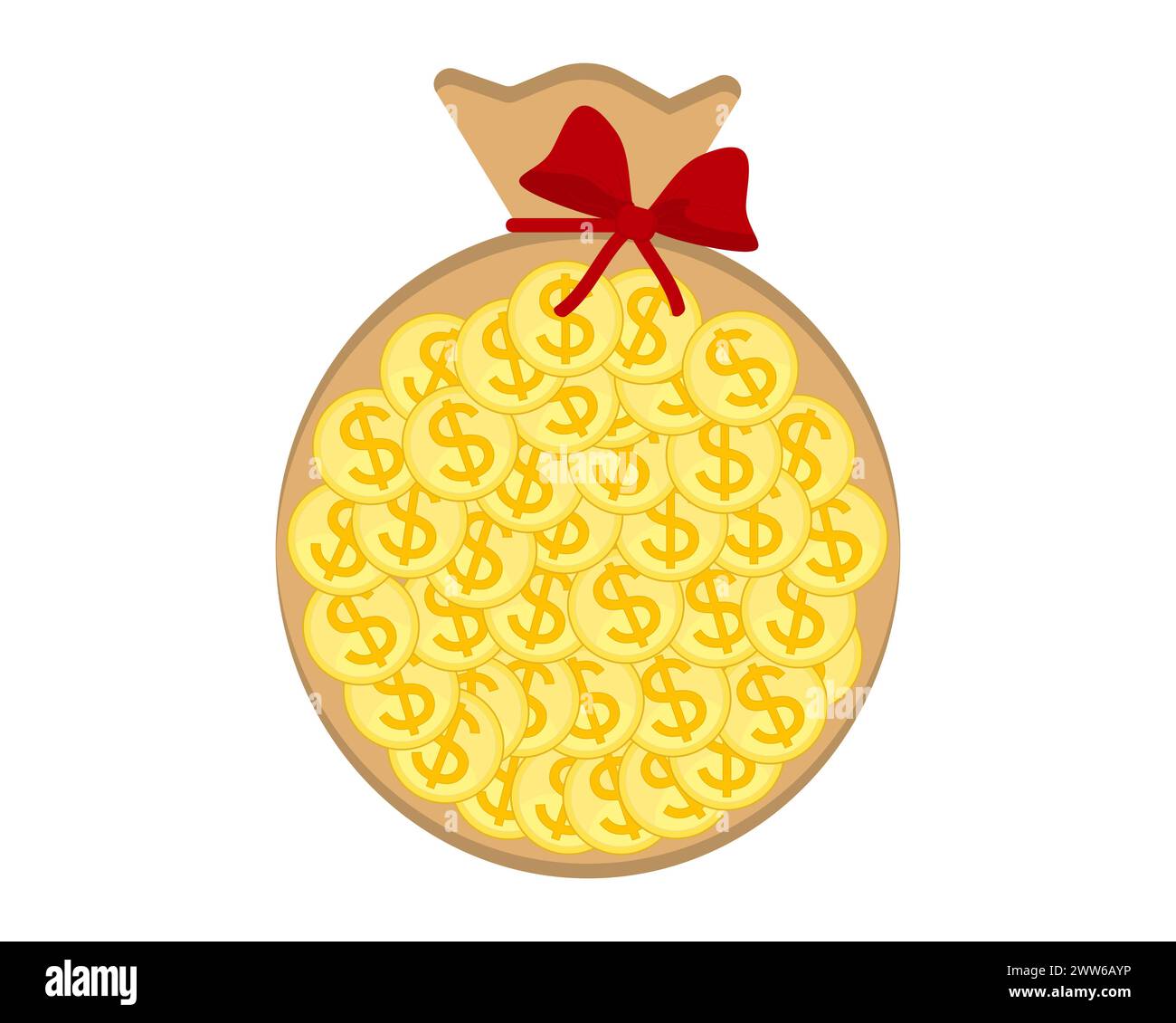 A money bag full of golden coins. Money sack tied rope with bow. Vector ...