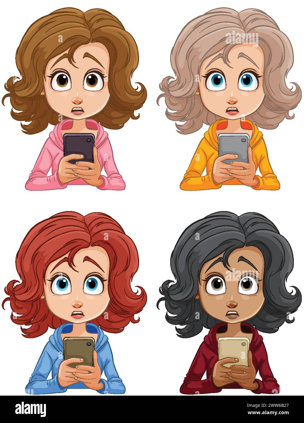 Four cartoon women with phones showing different emotions Stock Vector ...
