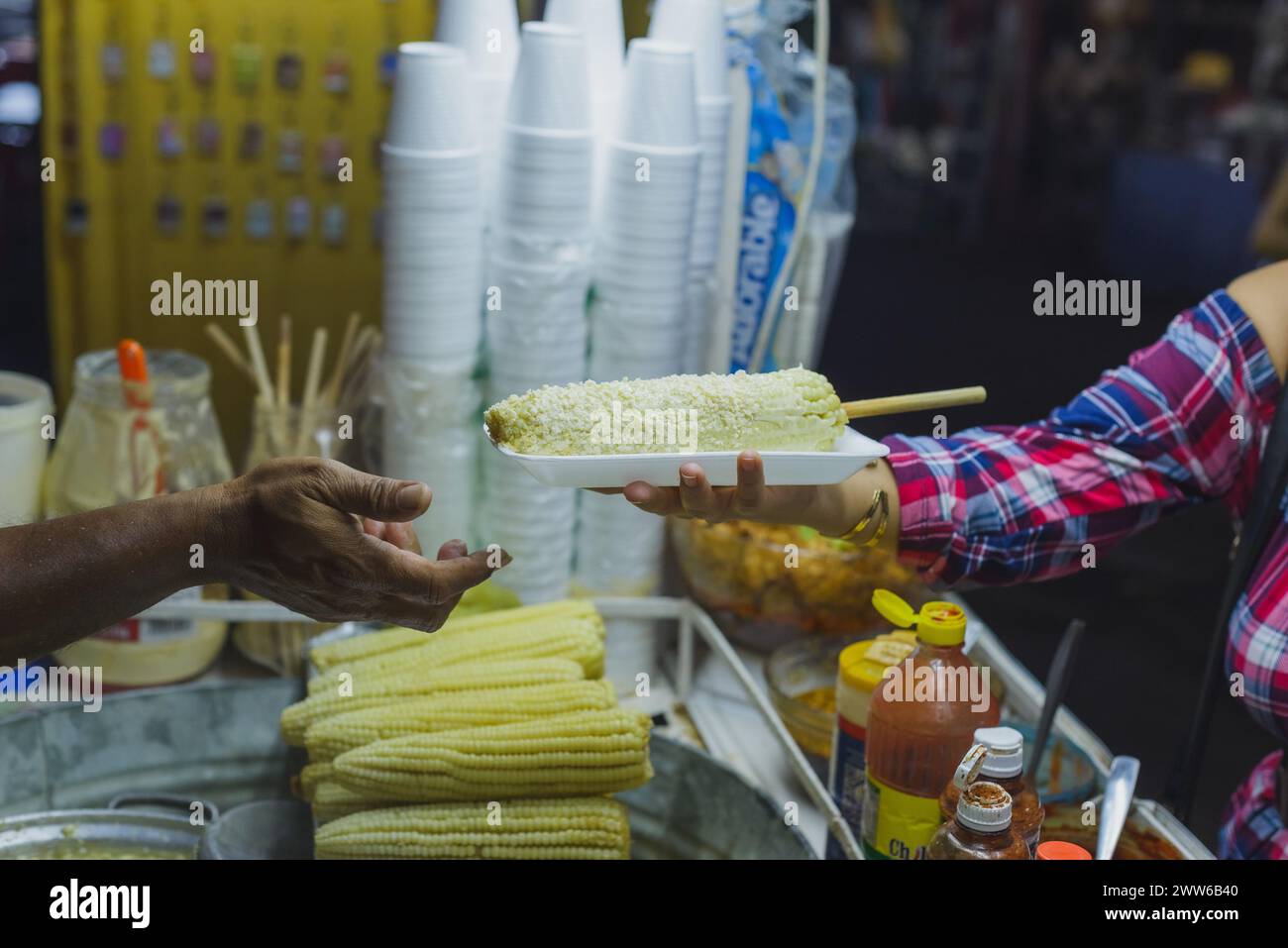 Boiled corn stand, typical Mexican street food. Food stall Stock Photo ...