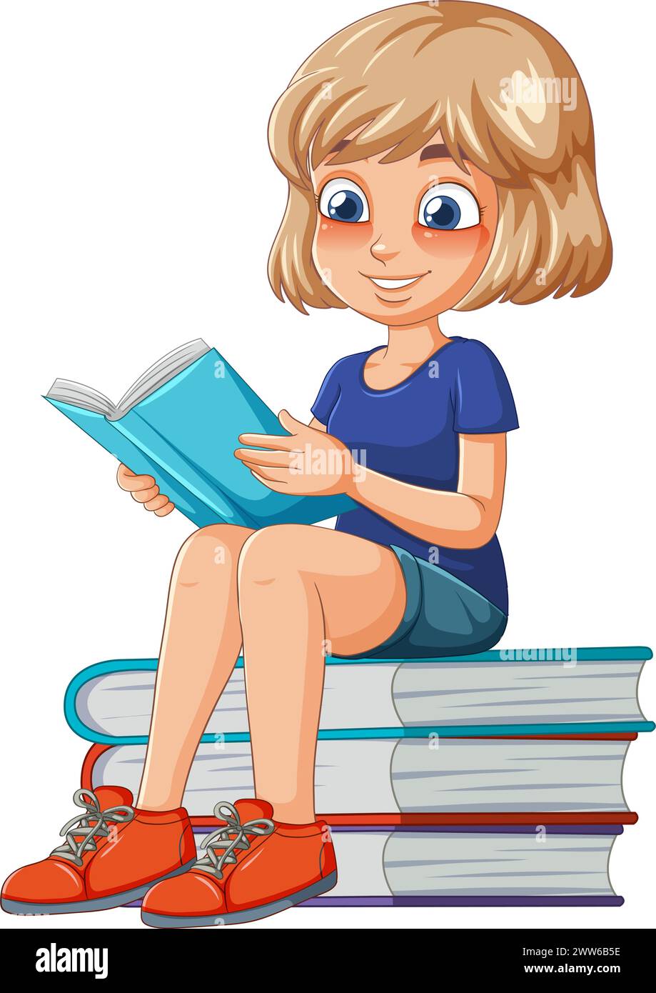 Cartoon of a girl reading on a stack of books Stock Vector Image & Art ...