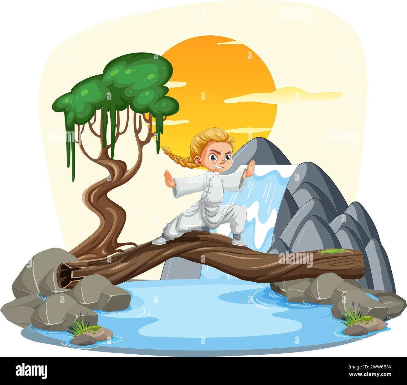 Cartoon of a child crossing a bridge at sunset Stock Vector Image & Art ...
