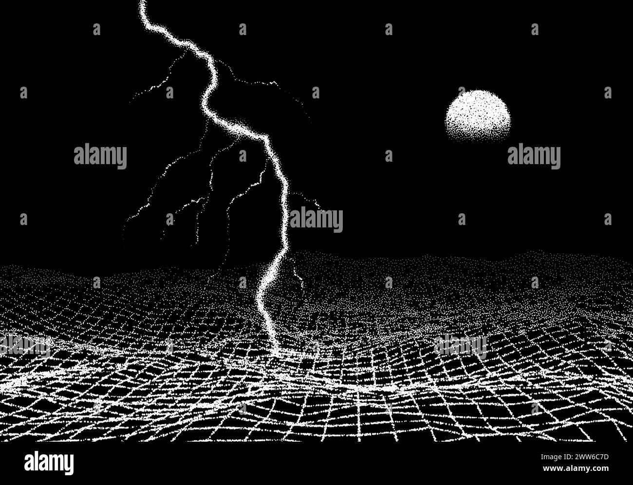 Space landscape with lightning strike in retro book style. Dotwork ...