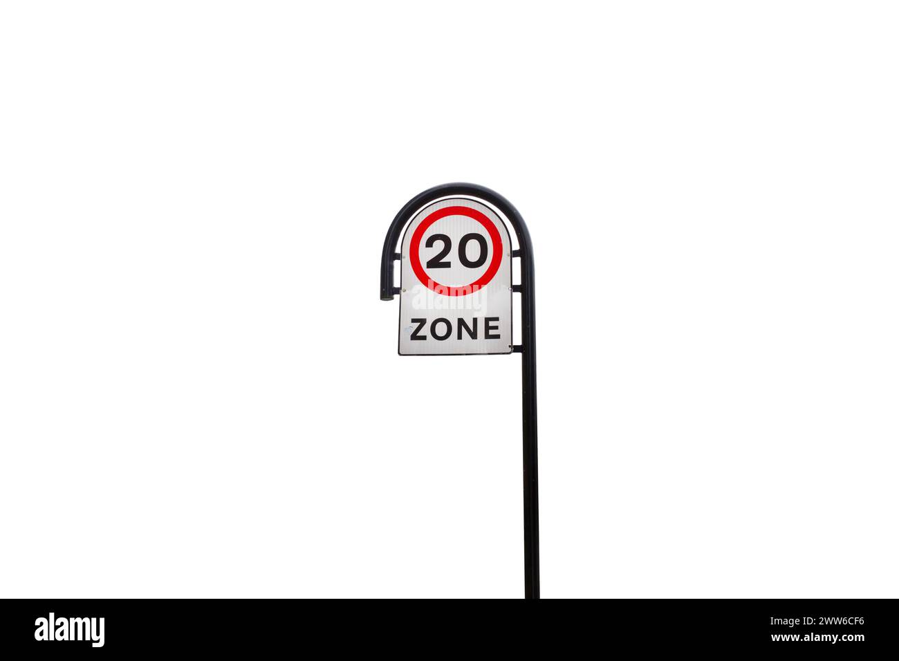 20mph zone speed limit road warning sign. Isolated on a white ...