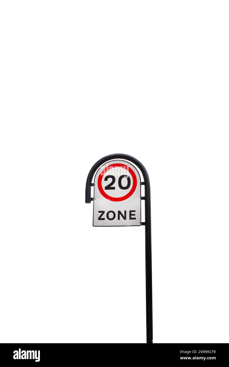 20mph zone speed limit road warning sign. Isolated on a white ...